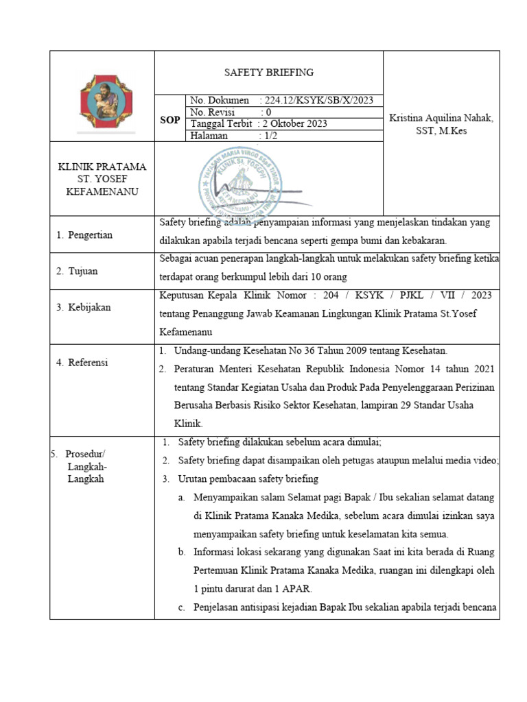 Prosedur Safety Briefing Klinik Pratama | PDF