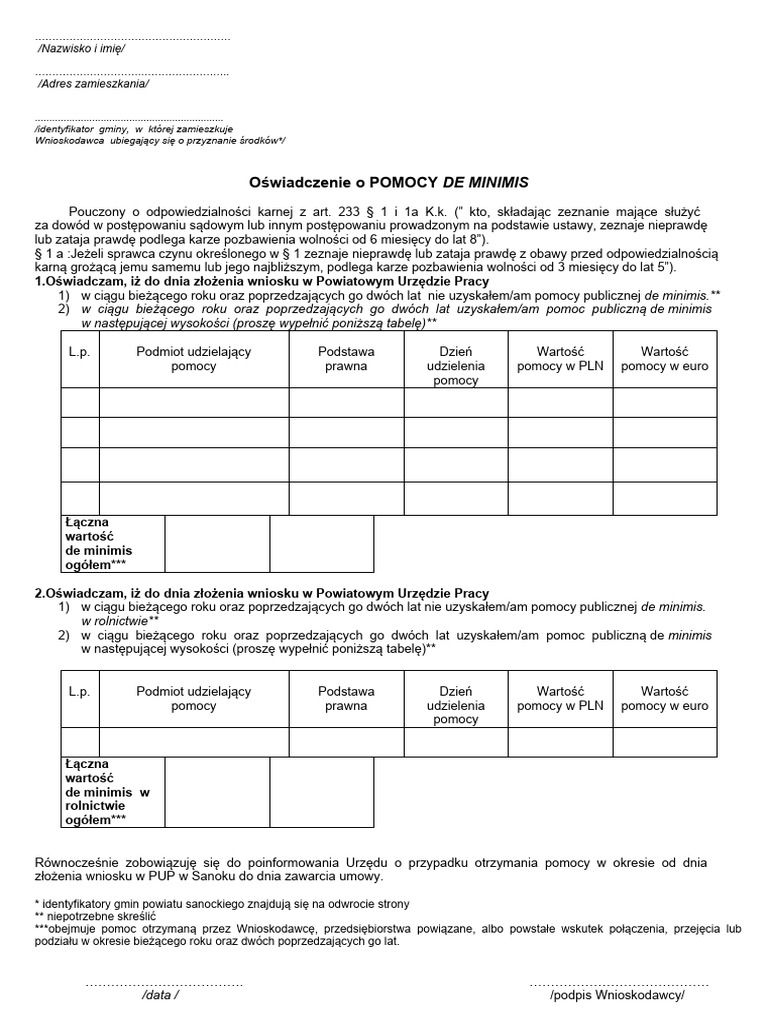 Oświadczenie Wnioskodawcy o Pomocy de Minimis | PDF
