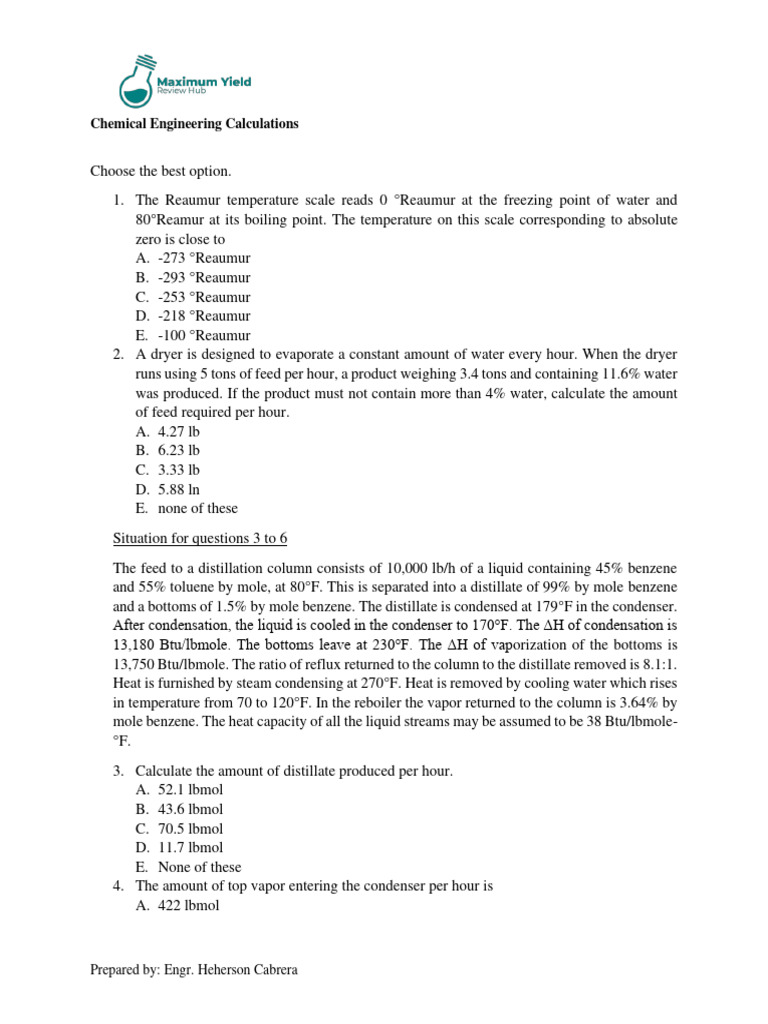 CHE Calculations Questions 18-Mar-2023 | PDF | Distillation | Methanol
