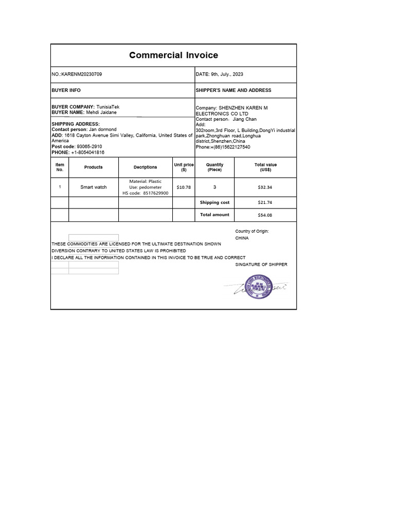 Commercial Invoice: Item No. Products Decriptions Unit Price ($) Quantity (Piece) Total Value ...