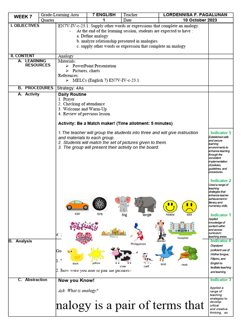 COT 1_LESSON PLAN | PDF | Teachers | Analogy