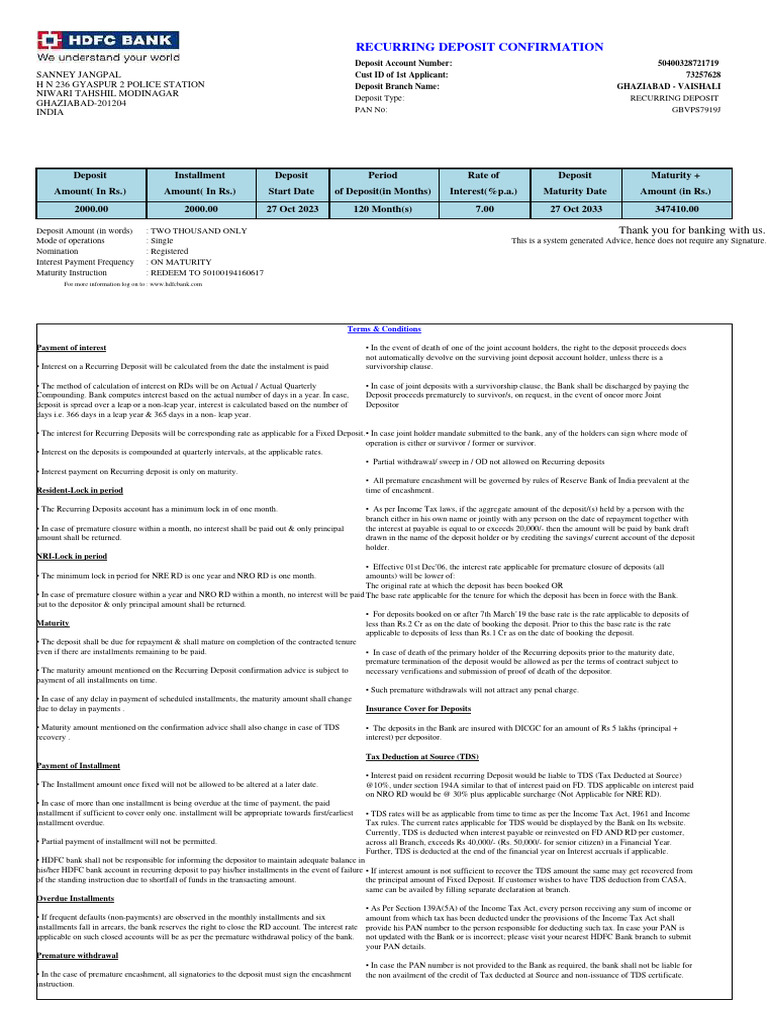 Recurring Deposit Confirmation | PDF | Personal Finance | Money