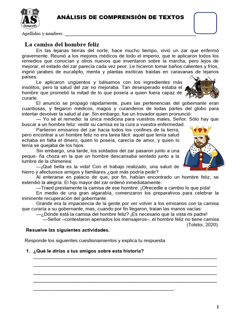 PRACTICA DE COMPRENSION DE LECTURA 3ERO SEC | PDF