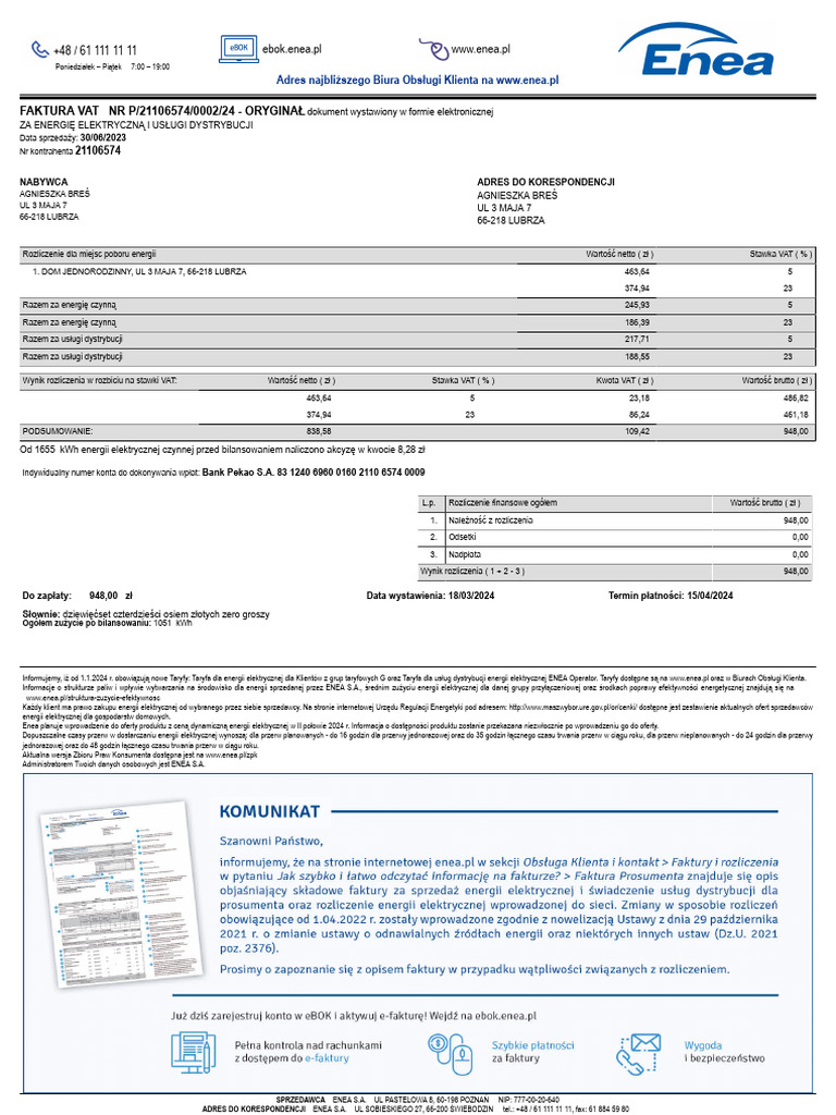FAKTURA VAT NR P/21106574/0002/24 - ORYGINAŁ: Adres Najbliższego Biura Obsługi Klienta Na WWW ...