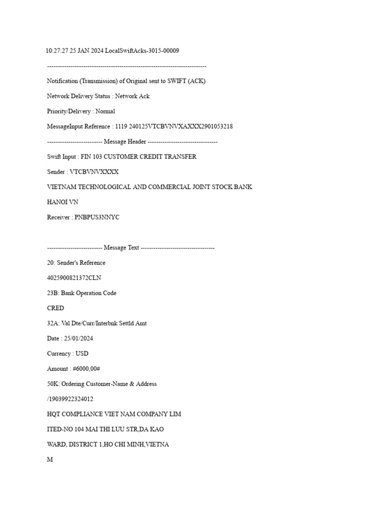 SWIFT ACK for USD 6000 Transfer | PDF | Computers | Technology ...