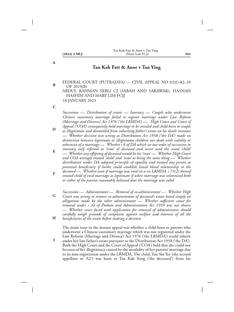 Tan Kah Fatt & Anor V Tan Ying | PDF | Intestacy | Marriage