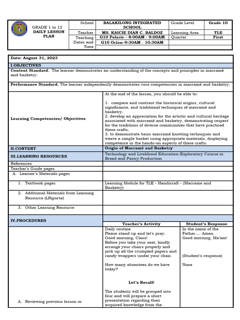 G10 August 30-31 Origin of Macramé and Basketry | PDF | Learning ...