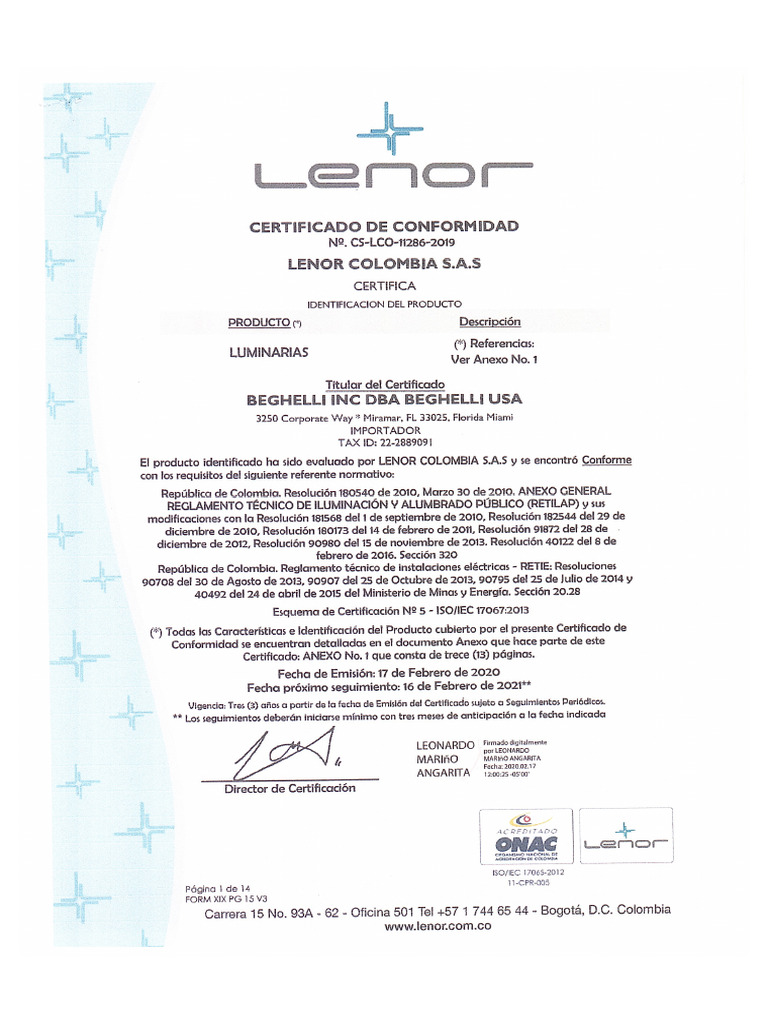 CERTIFICADO BEGHELLI USA | PDF