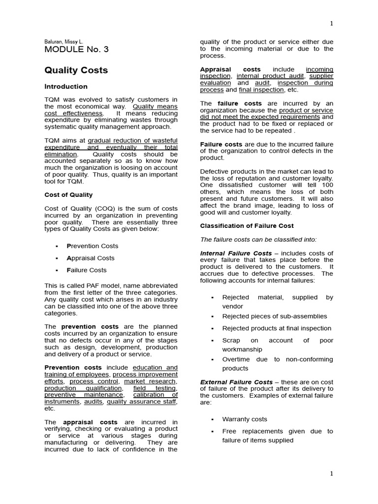 TQM Module No. 3 | PDF | Cost | Audit