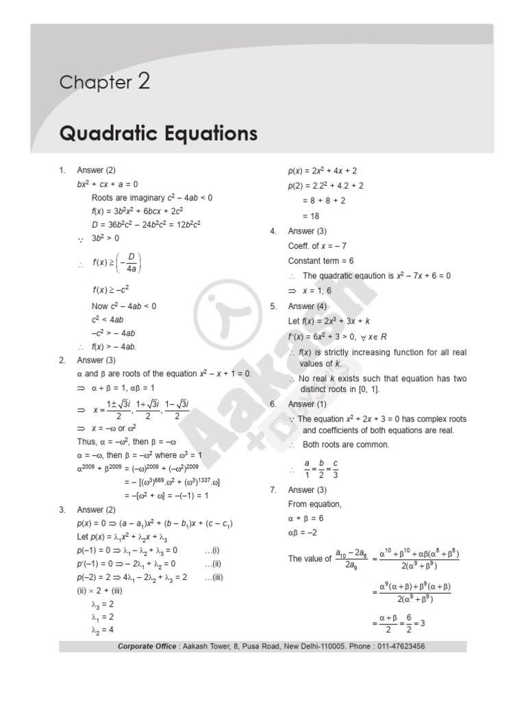 M_Sol_Ch-02_Quadratic Equations | PDF | Quadratic Equation | Mathematical Analysis