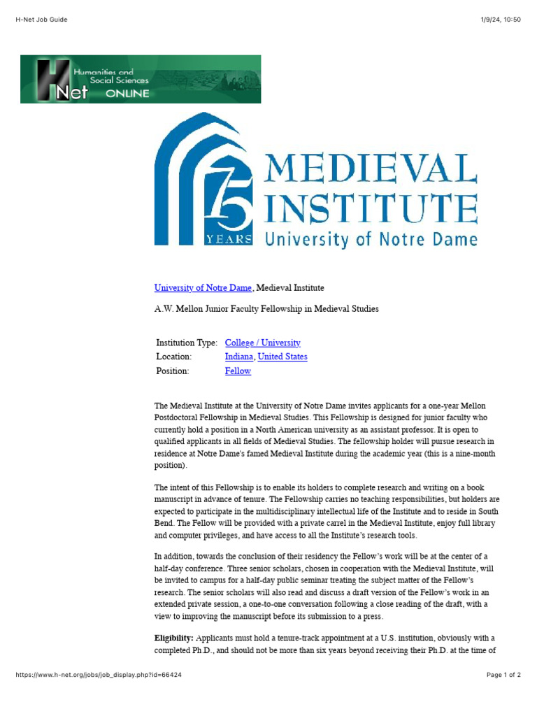 Medieval Institute University of Notre Dame Grant | PDF | Fellow ...