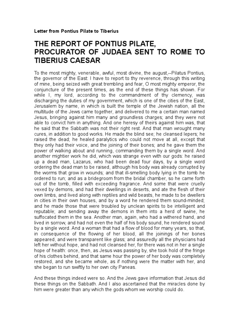 Letter From Pontius Pilate to Tiberius on Jesus | Pontius Pilate | Jesus