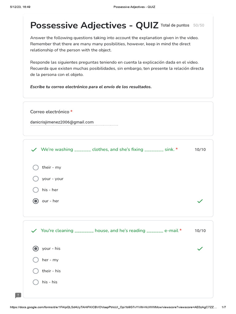Possessive Adjectives - QUIZ | PDF