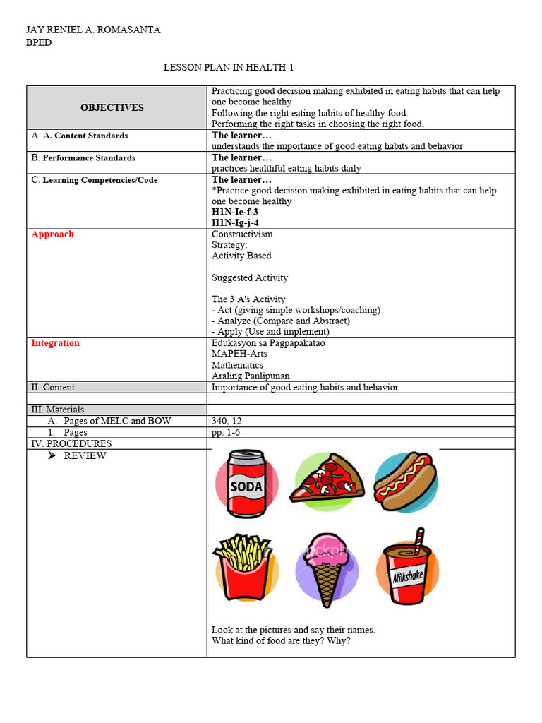 Health Lesson Plan: Good Eating Habits | PDF | Learning | Lesson Plan