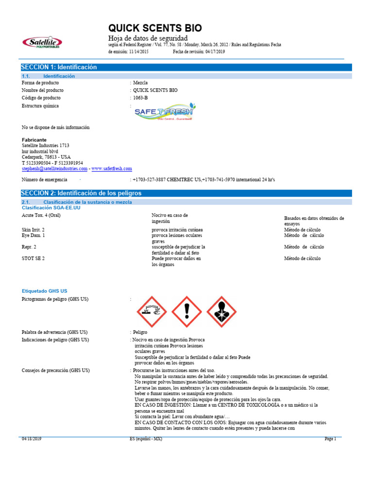 HDS - Quick Scents Bio - Español | PDF | Seguridad y salud ocupacional ...
