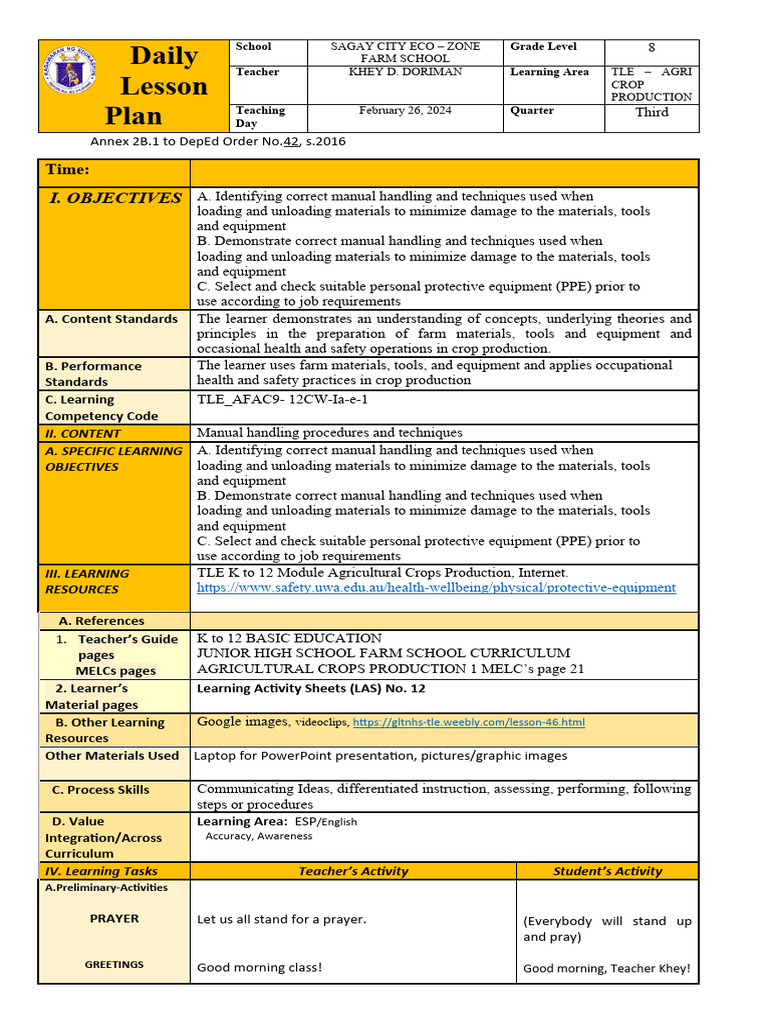 Correct Manual Handling Grade 8 DLP | PDF | Learning | Risk