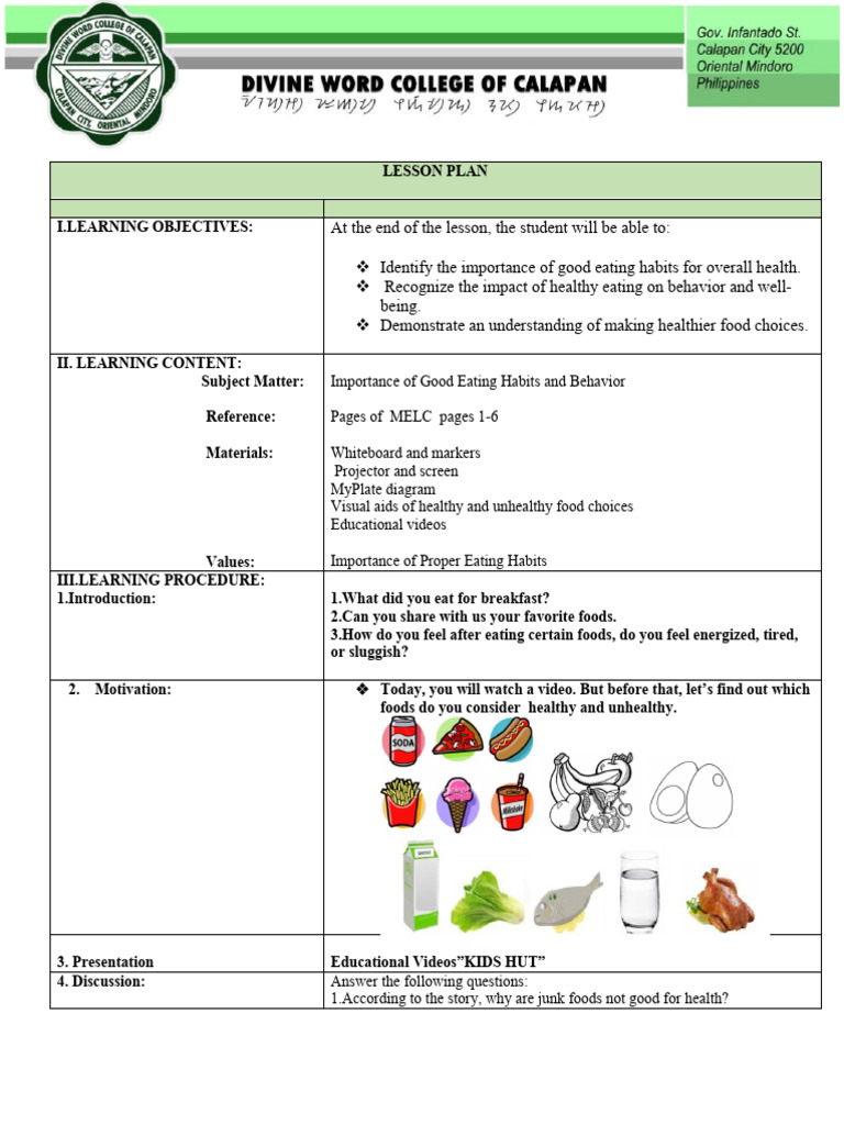 Healthy Eating Habits Lesson Plan | PDF | Foods