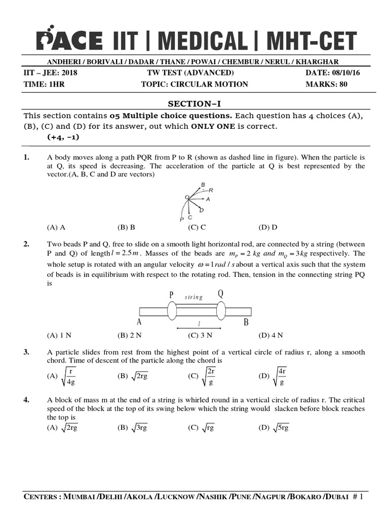 IIT-JEE Circular Motion Test | PDF | Acceleration | Rotation