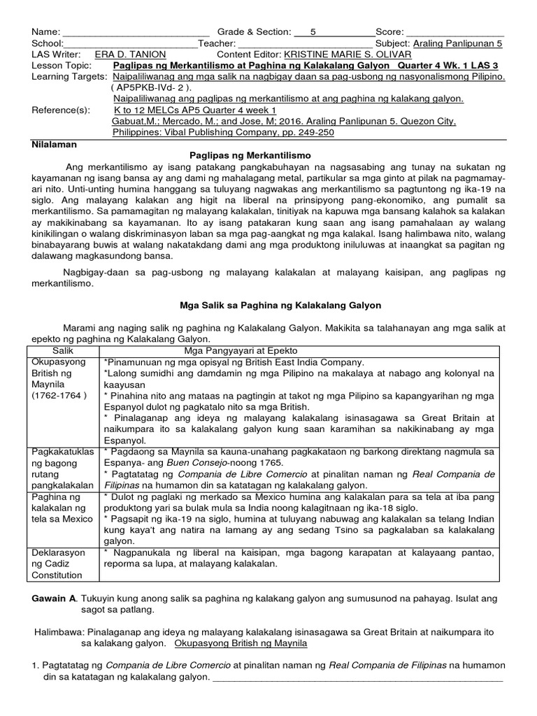 Ap 5 Quarter 4 Week 1 Las 3 | PDF