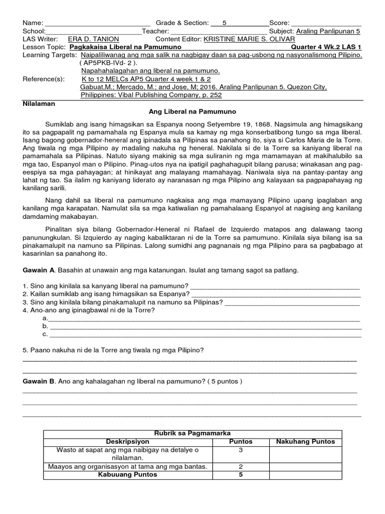 Ap 5 Quarter 4 Week 2 Las 1 | PDF