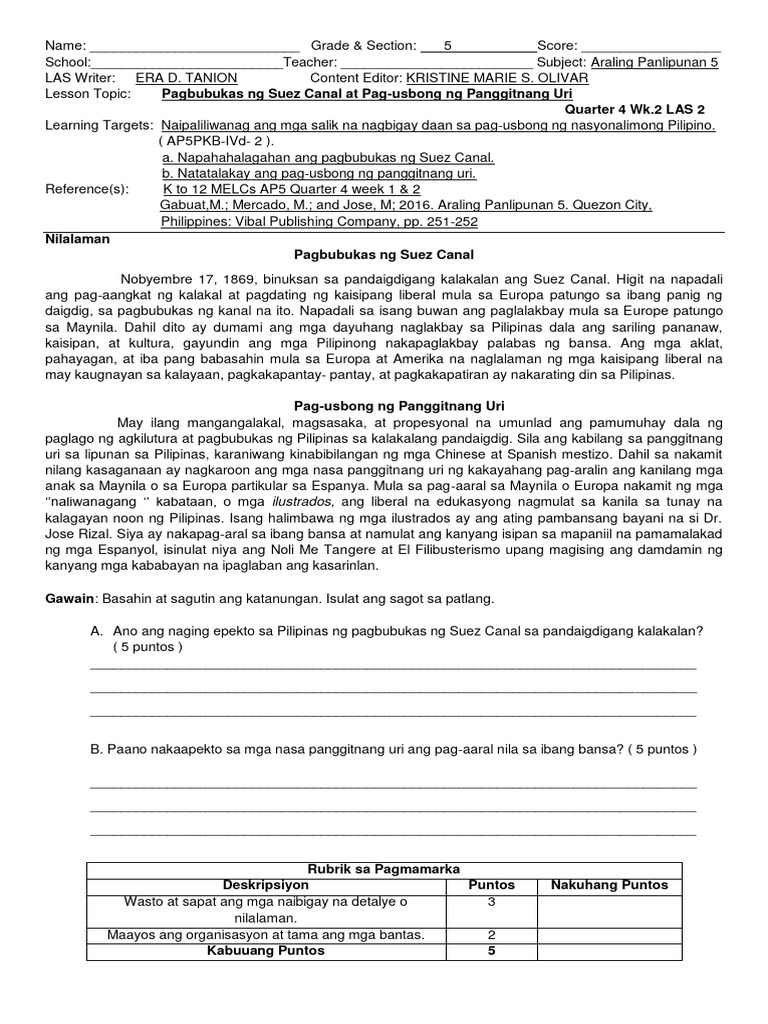 Ap 5 Quarter 4 Week 2 Las 2 | PDF