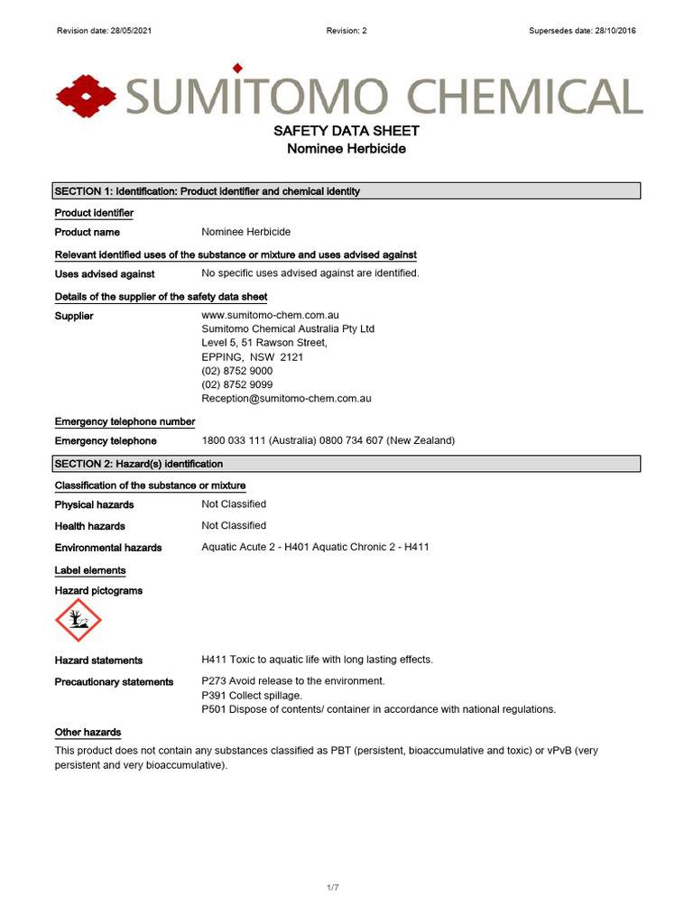 Nominee Herbicide Sds 202105 | PDF | Toxicity | Waste Management