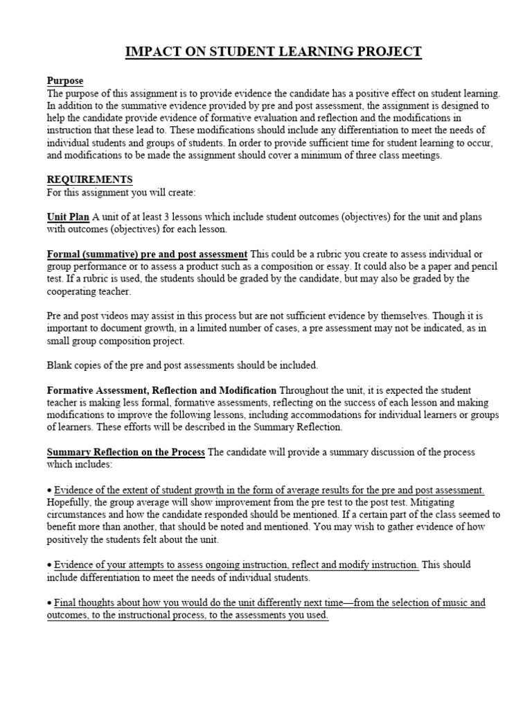 Impact On Student Learning Info And Rubric Pdf Educational