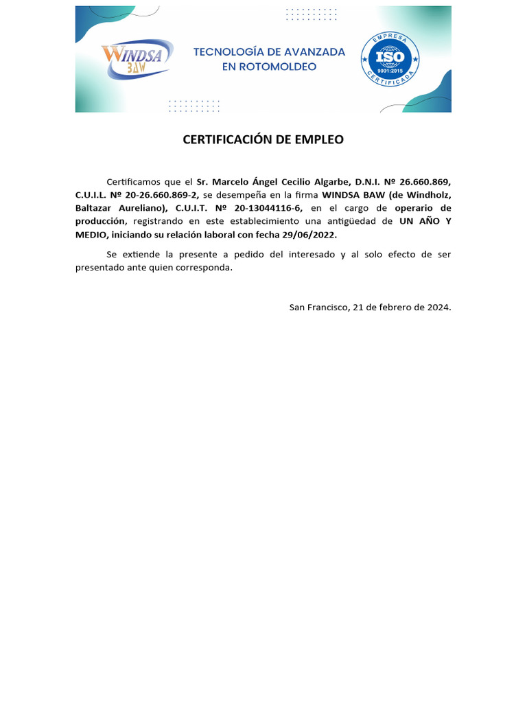 CERTIFICADO DE EMPLEO | PDF