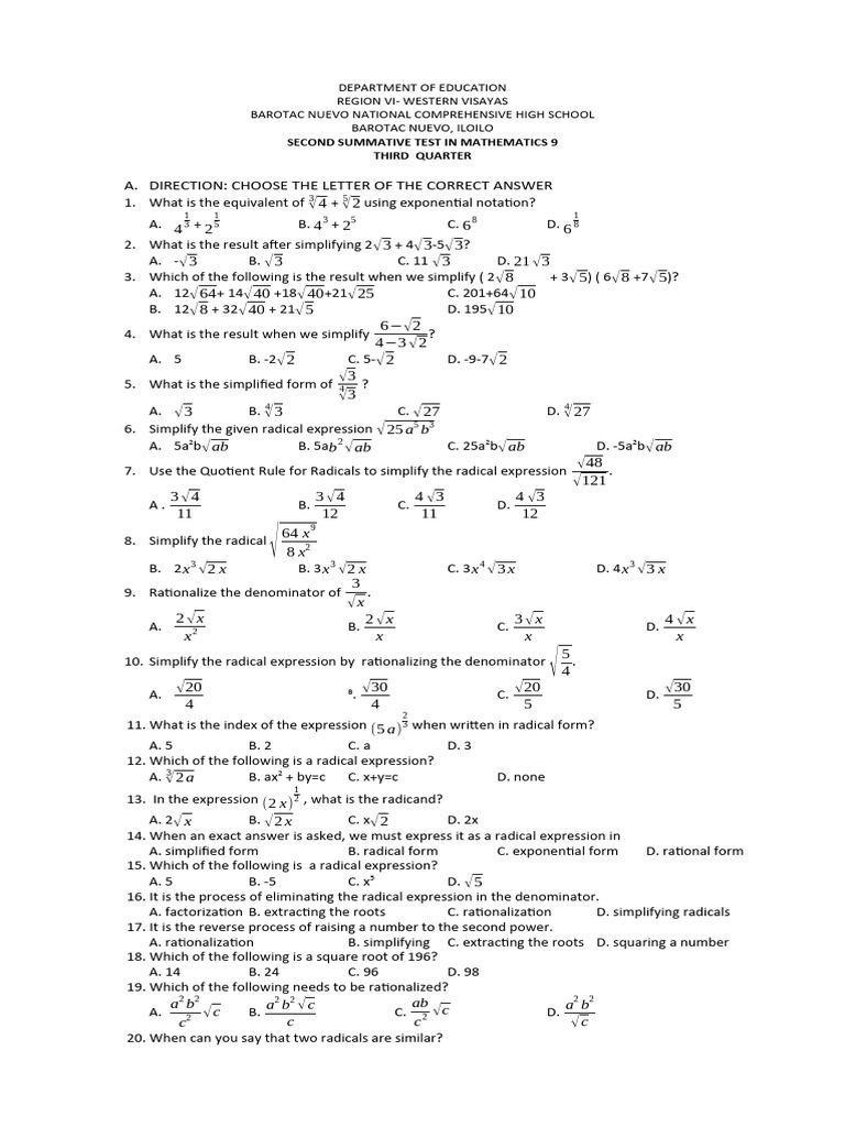 2nd SUMMATIVE TEST MATH 9 3rd QUARTER | PDF | Elementary Mathematics ...