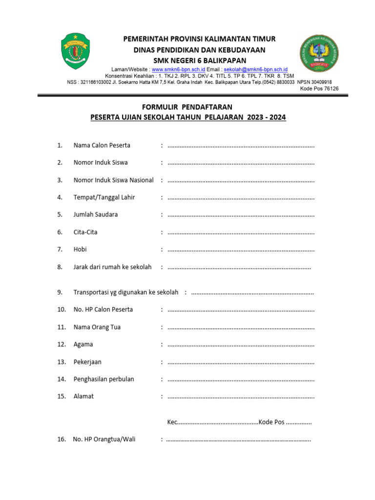 Formulir Pendaftaran UJIAN SEKOLAH 2023-2024 | PDF