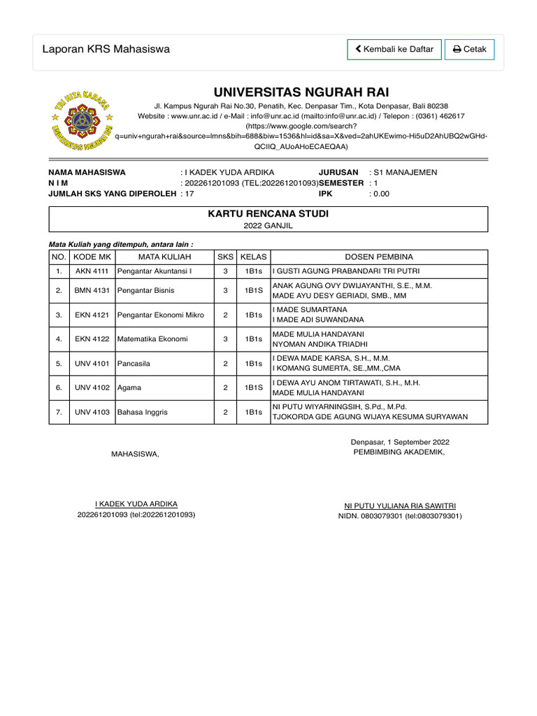 Laporan KRS Mahasiswa | PDF