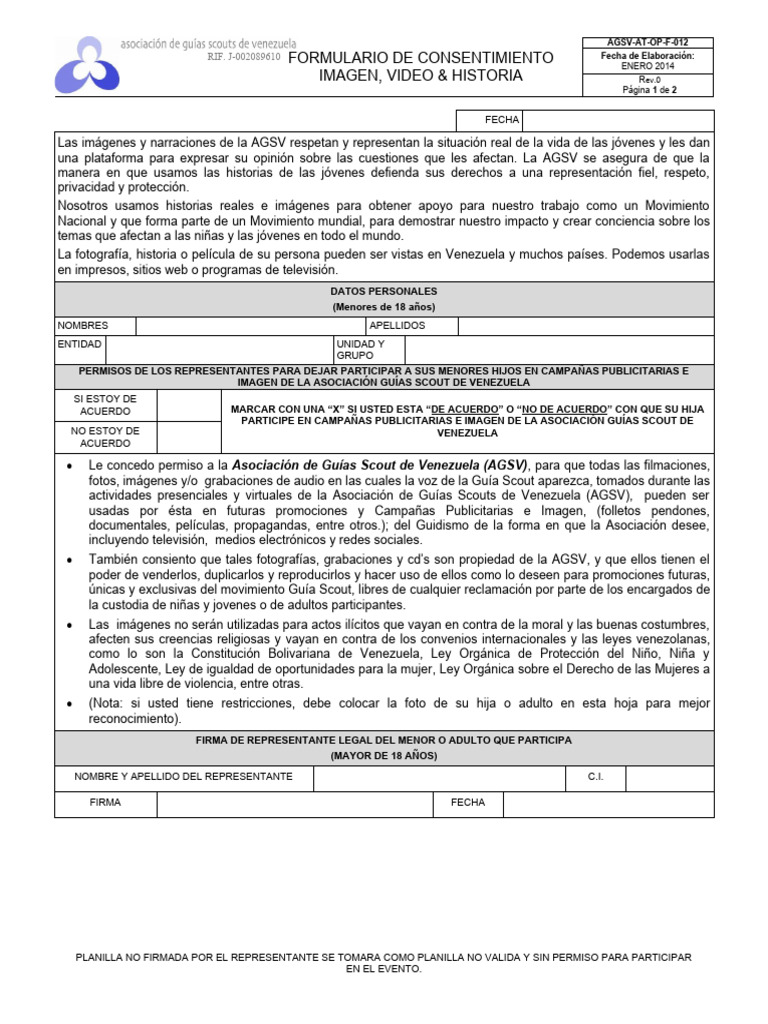 AGSV at OP F 012 Permiso Uso de Imagen REV. 0 | PDF | Exploración ...