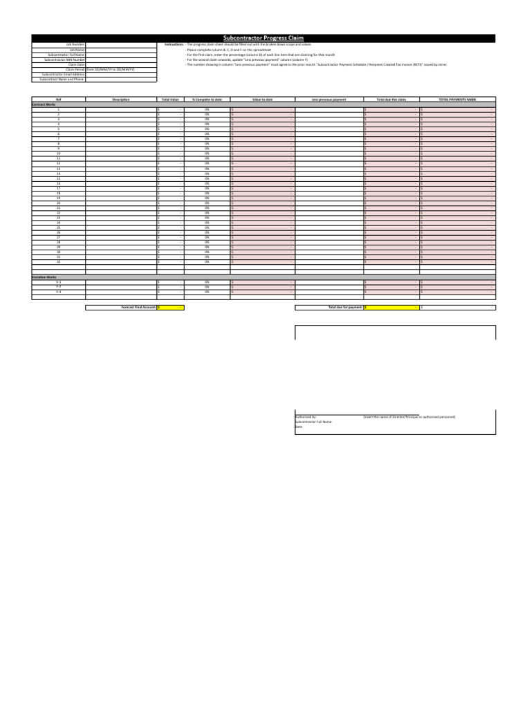 Subcontractor Progress Claim Template v3.1 4 | Download Free PDF ...