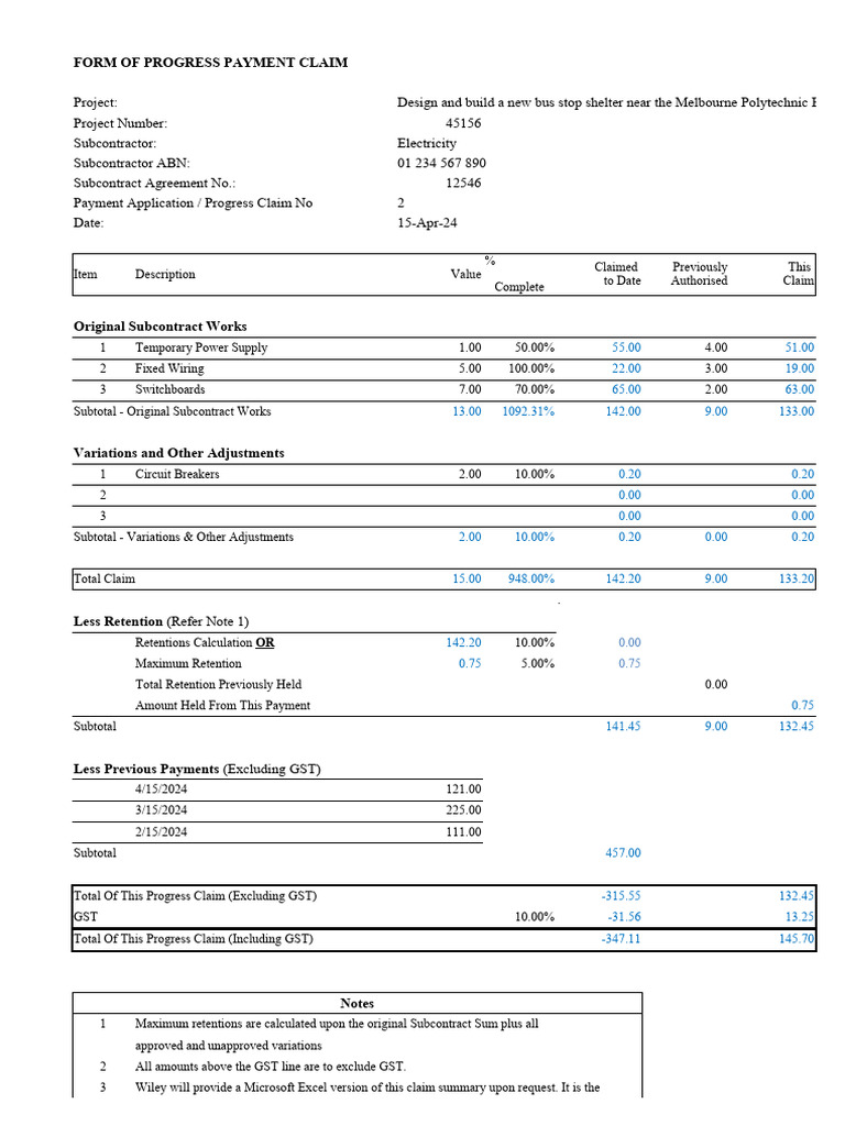 Subcontract Progress Payment Claim | PDF | Electrical Engineering
