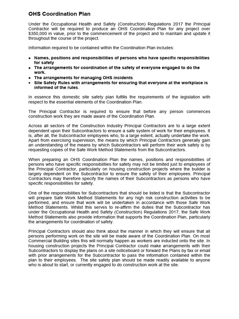 OHS Coordination Plan Template - 0 | PDF | Occupational Safety And ...