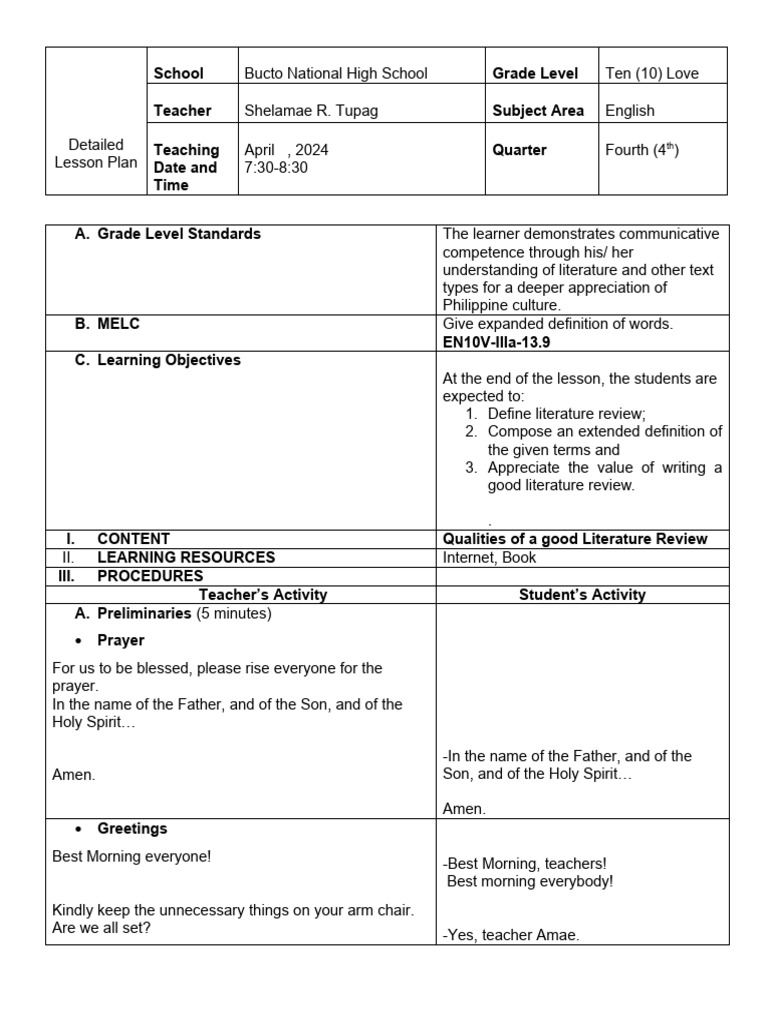 Literature Review Lesson Plan for Grade 10 | PDF | Vocabulary | Learning