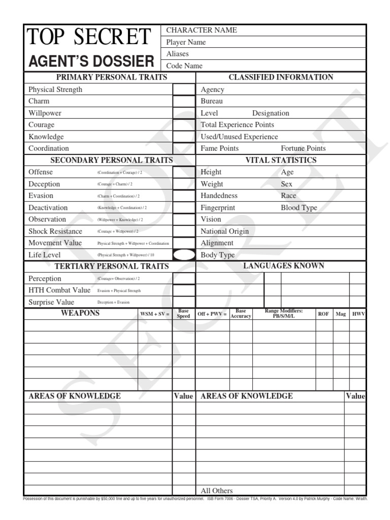 Top Secret Accessory (TSR) - Agent's Dossier | PDF