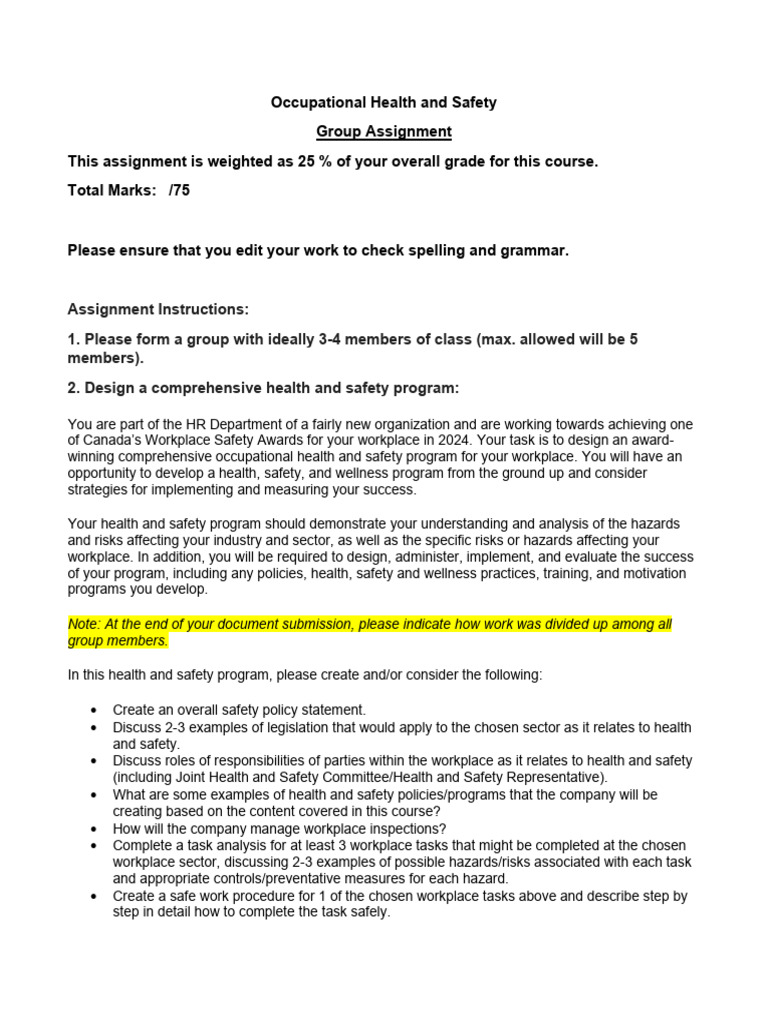 Group Assignment Instructions & Rubric (Winter 2024) | PDF | Occupational Safety And Health ...