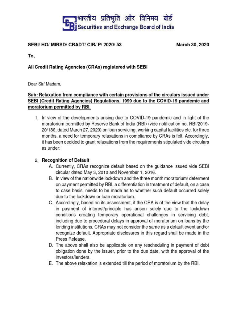 Sebi/ Ho/ Mirsd/ Cradt/ Cir/ P/ 2020/ 53 March 30, 2020 To, All Credit ...