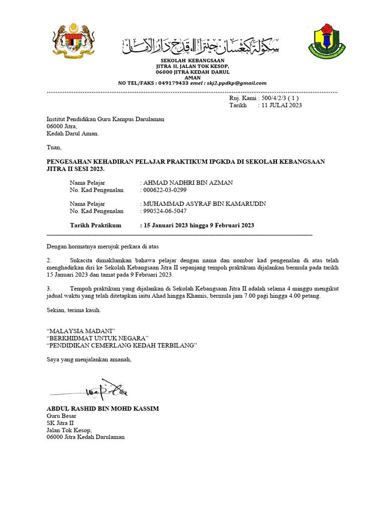 Surat Pengesahan Kehadiran Pelajar Praktikum NADHRI | PDF