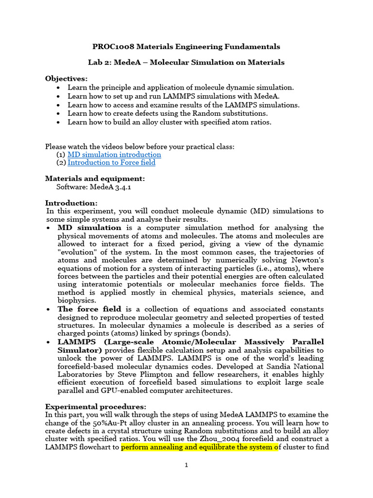 PROC1008 IME Lab 2 - MedeA - Molecular Simulation of Materials | PDF ...