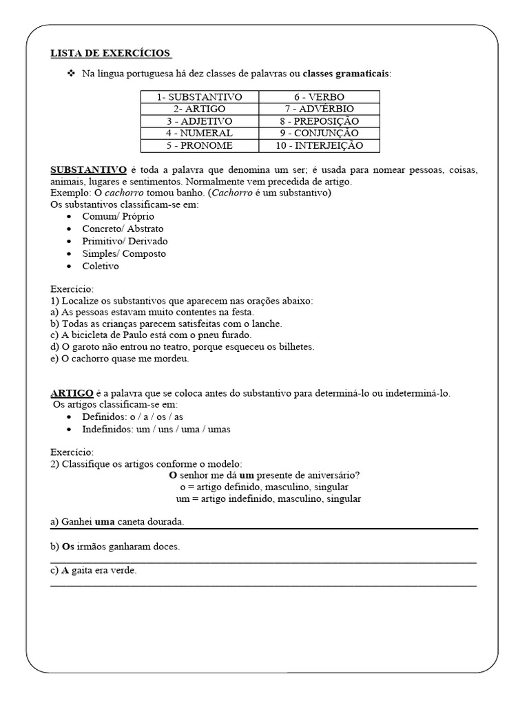 Exercícios de Classes de Palavras | PDF | Classe gramatical | Substantivo