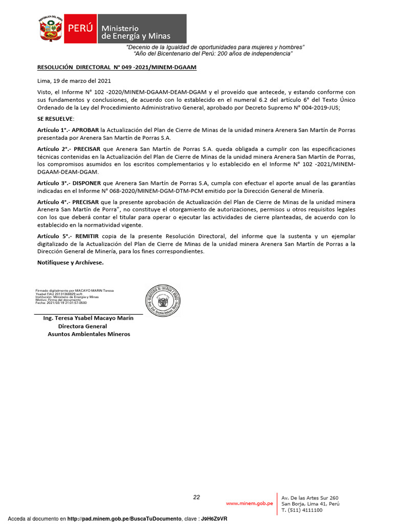 RD - 049 - 2021 - MINEM - DGAAM (00000002) Aprobación de La Primera Actualización Del Plan de ...