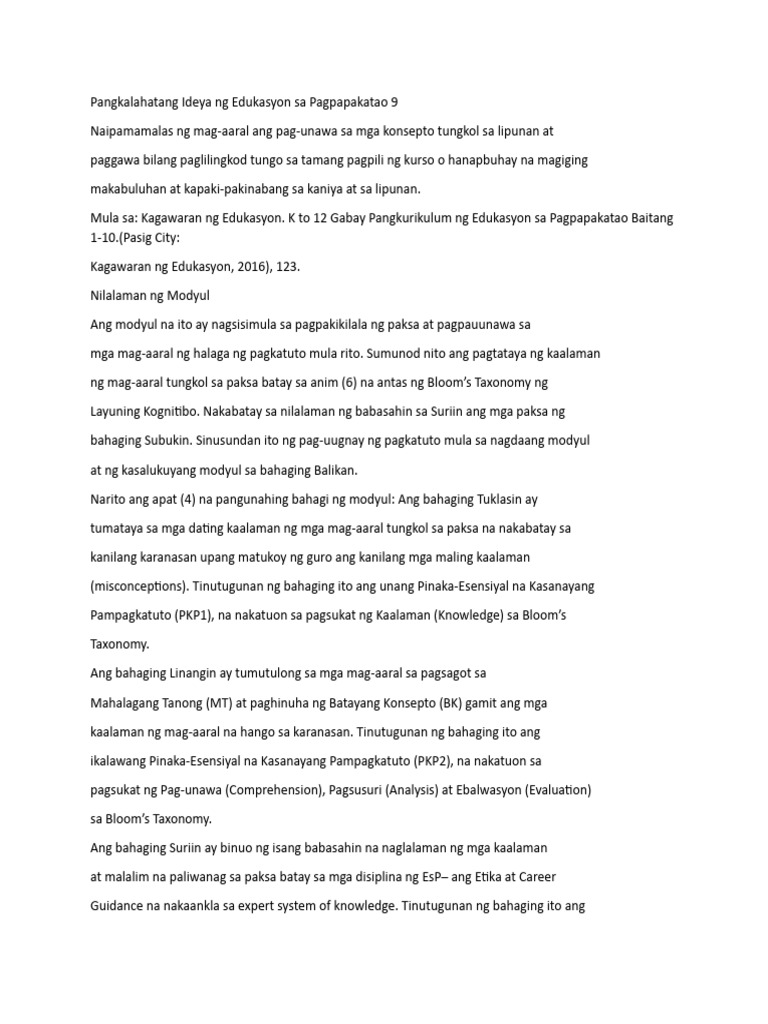 Pangkalahatang Ideya Ng Edukasyon Sa Pagpapakatao 9 | PDF