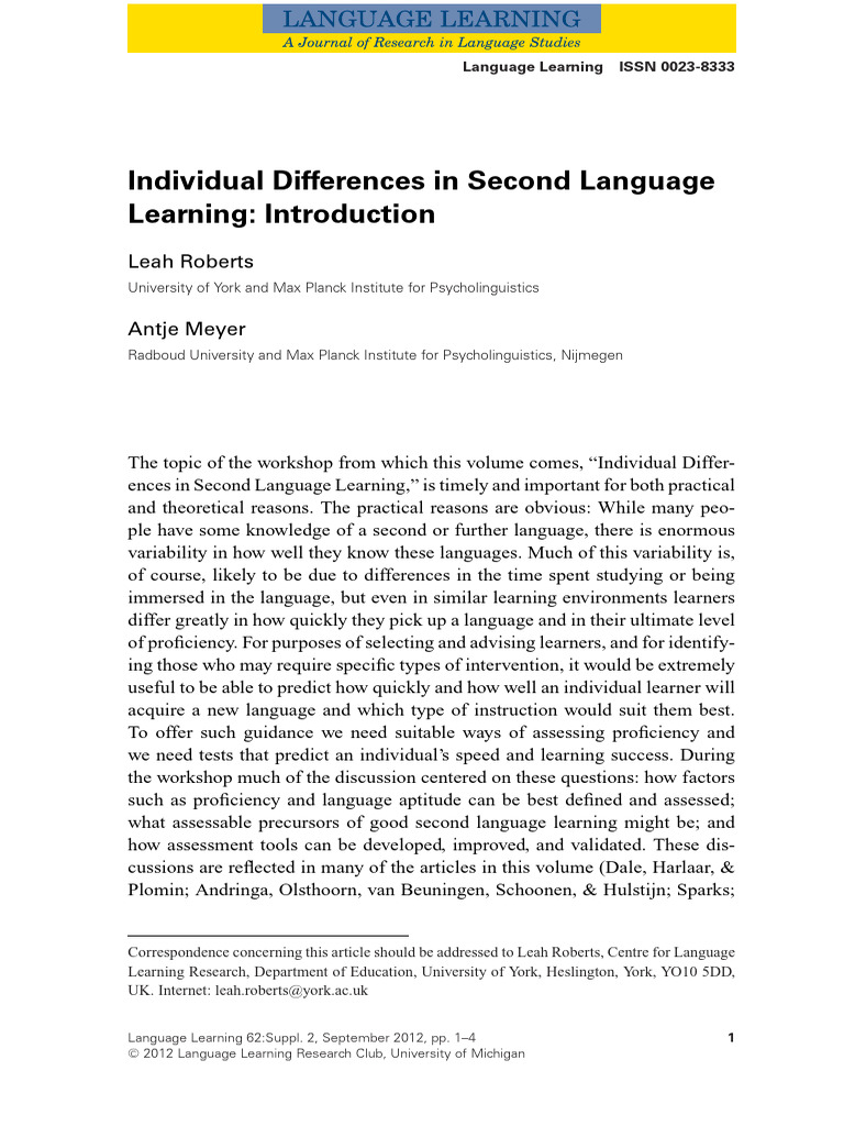 Individual Differences in Second Languag | PDF | Second Language Acquisition | Language Acquisition