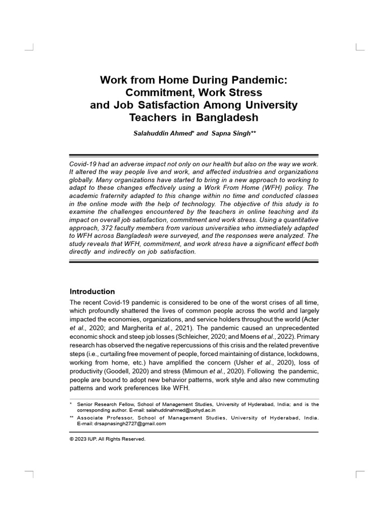 Work From Home During Pandemic Commitment, Work Stress and Job Satisfaction Among University ...