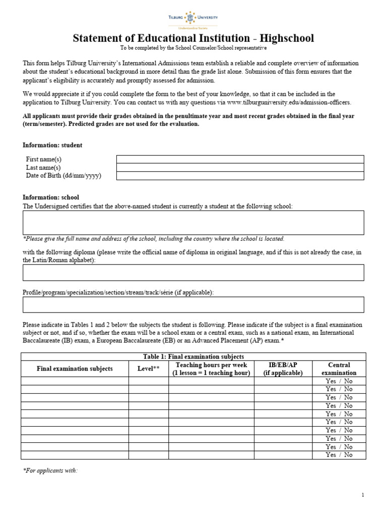 Statement of Educational Institution Highschool | PDF | High School ...