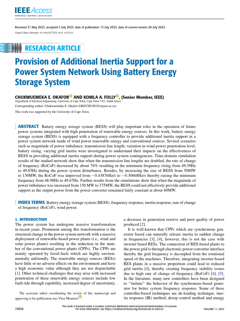 Provision of Additional Inertia Support for a Power System Network ...