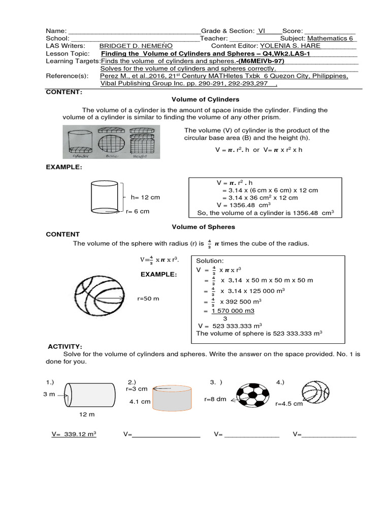 Math 6 Q4 WK2 Las1 | PDF | Volume | Sphere