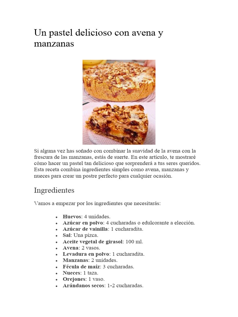 Un Pastel Delicioso Con Avena y Manzanas | PDF | Pasteles | Postres